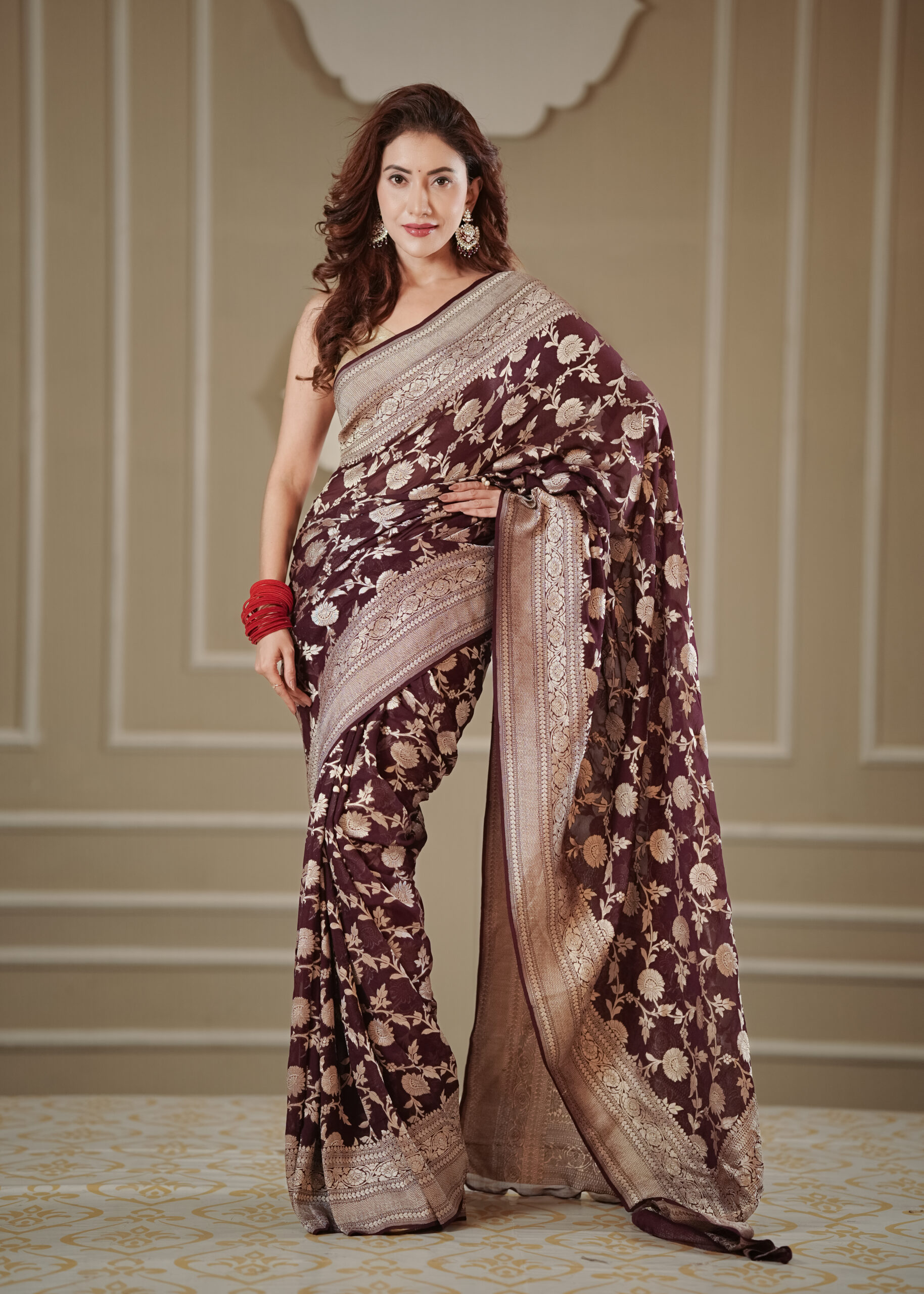 Pure Khaddi Georgette Burnt Maroon & Golden - Kaira